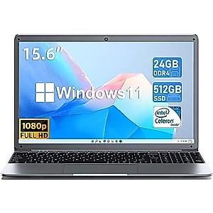 SGIN 15.6 Inch Laptop 24GB DDR4 512GB SSD, Windows 11 Laptops Computer with Intel Celeron N5095 Processor(Up to 2.9GHz), FHD 1920x1080, Mini HDMI, 2.4/5.0G WiFi, Webcam, USB 3.0, Bluetooth 4.2