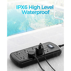 Outdoor Power Strip 8 Outlets, Weatherproof Surge Protector with 6 FT Extension Cord, IPX6 Waterproof, 1875W Overload Protection, Mountable Outlet Extender for Home Patio and Garden, Black