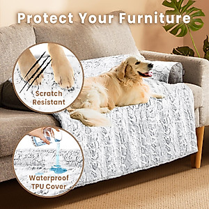 blunique Calming Dog Couch Bed for Medium Dogs, 35 x 31 inch Waterproof Memory Foam Dog Bed for Couch, Durable Fluffy Fuzzy Dog Bed Mat with Washable Removable Cover Protector for Sofa, Bedside - Grey