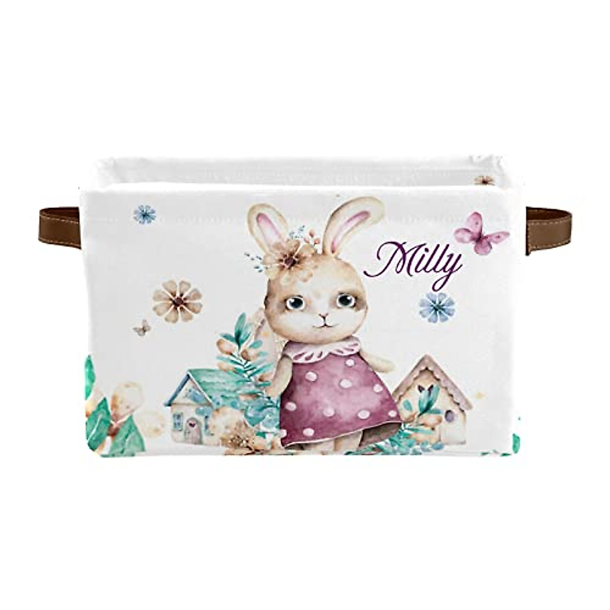 Cute Bunny Rabbit Personalized Storage Basket ,Custom Storage Bins Cubes Organizer with Handle for Bedroom Wardrobe,Nursery,Basket 1 Pack