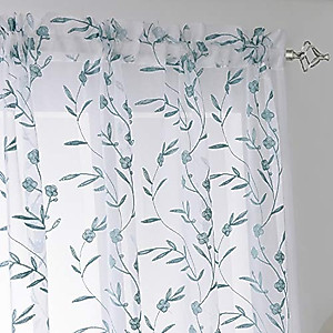 Sheer Curtains Floral Embroidery Blue 84 Inch Long Rod Pocket Lace Drapes for Living room, Bedroom, 2 Panels, 52"x84", Semi Voile Pattern Outdoor Window Treatment Sets for Yard, Patio, Villa, Parlor.