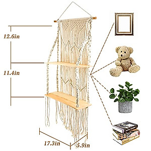 Macrame Wall Hanging Shelf, 2 Tier Boho Hanging Shelves for Wall, Floating Wood Shelves with Handmade Woven Rope for Small Plants, Books Photos, Bohemian Decor for Living Room, Bedroom, Bathroom