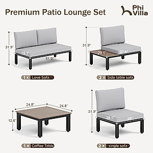 PHI VILLA Metal Patio Furniture Set 6 Piece Modular Modern Outdoor Sectional Sofa Garden Bench Set with Wrought Iron Coffee Table, Light Grey Cushion