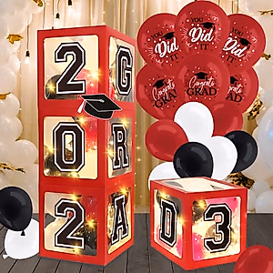 DAZONGE Graduation Party Decorations 2023 - Set of 4 Red Balloon Boxes with 40 Latex Graduation Balloons & 4 Light Strings - So Proud of You Graduation Decorations for Any Grades Ceremony