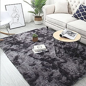 NK DECORATION Fluffy Rugs Clearance Living Room Rugs Bedroom Rugs,Non-Slip Area Rug Shaggy Tie-dye Rugs for Living Room Modern Indoor Home Floor Black Grey 5x8ft(150x240CM)