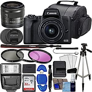 Camera EOS M50 Mark II Mirrorless Digital SLR with 15-45mm Lens Kit (Black) + 32GB Memory Card + 3 Piece Filter Kit, Tripod, Flash + Photography Bundle