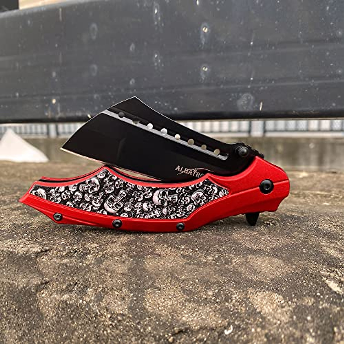 ALBATROSS Folding Pocket Knife, 3" Black Blade, 4.75" Aluminum Handle with the skull pattern, Liner Lock (Red)