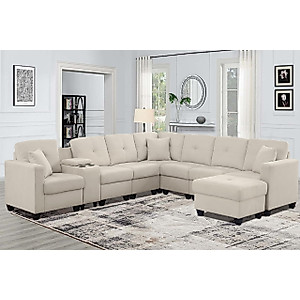 Ball & Cast 127" Convertible Sectional Sofa Couch with Removable Ottoman and Cup Holder,6 Seat Modular Living Room Furniture Sets with 2 Pillows & USB Port,for Lounge,Apartment,Beige