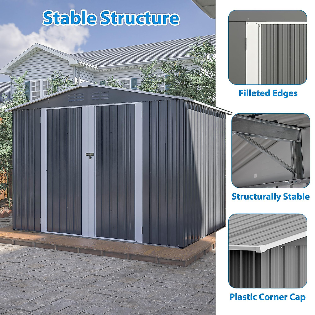 Outdoor Metal Storage Shed with Lockable Door, Garden Tool Shed with Metal Floor Base Outside Storage House Clearance Steel Yard Shed for Backyard, Patio, Lawn, Outside Use (8 x 6Ft-Gray)