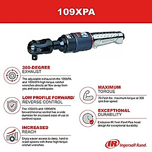 Ingersoll Rand 109XPA 3/8” Drive Air Ratchet Wrench, 70 ft lbs Max Torque Output, 300 RPM, 360 Degree Adjustable Exhaust, Low Profile Forward/Reverse Control, Silver/ Black