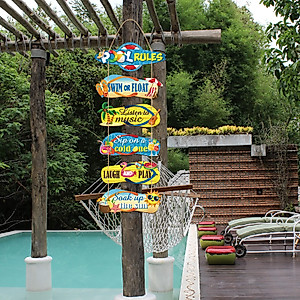 6 Pack Wooden Pool Rules Signs 4 x 11 Inch Summer Slippers Hanging Wooden Sign Outdoor Decorations for Swimming Pool Decor, Assemble by Yourself