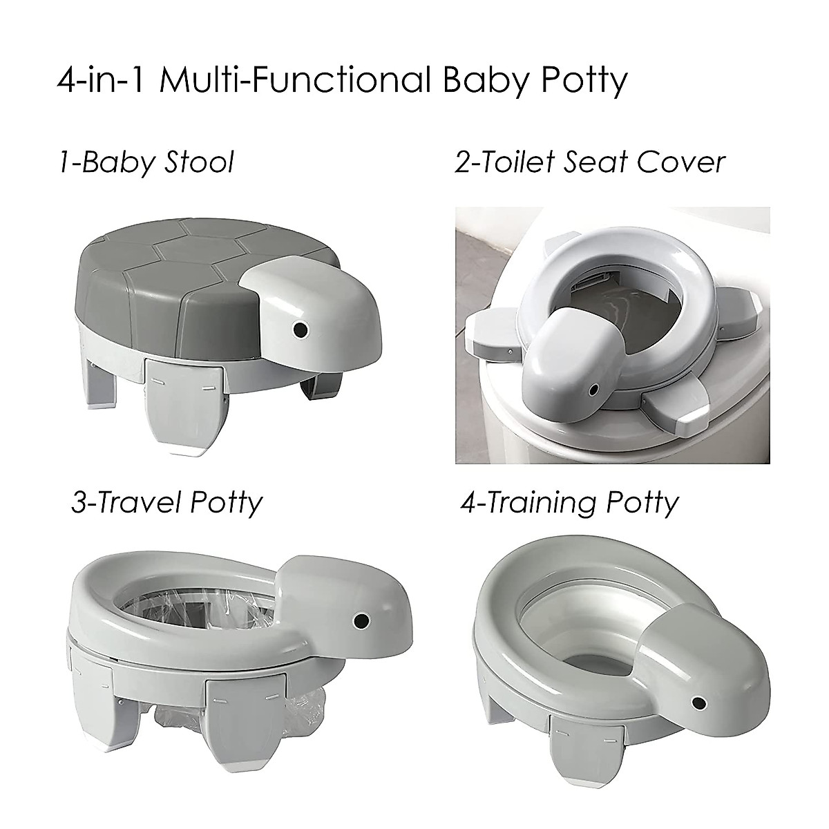 Rezlli 4 in-1 Potty Training Toilet, Portable Potty Training Seat for Toddler Travel, Foldable Baby Travel Potty with 20 Disposable Potty Liners Carry Bags (Grey)