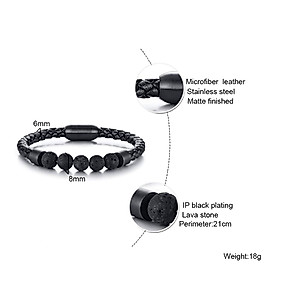 Beads Leather Bracelet for Men - Black Natural Stone Bracelets,Trendy Lava Rock Bead Braided Leather Bracelets Jewelry for Him,Anniversary Birthday Valentine's Day Christmas Gift for Men Cross