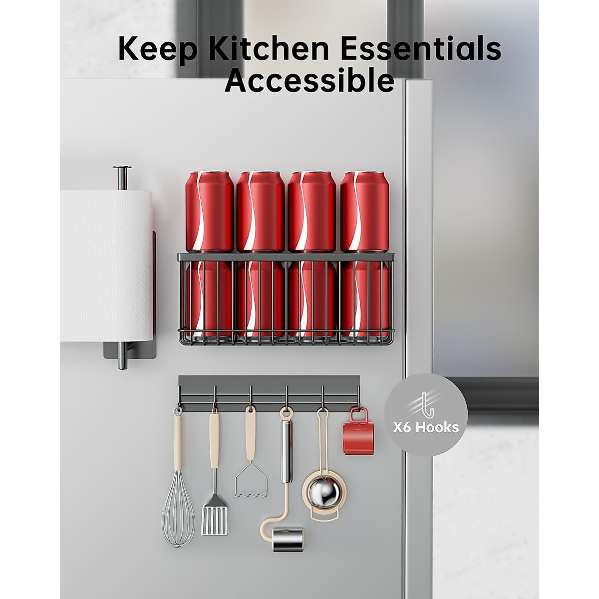 ALLZONE Magnetic Spice Rack for Refrigerator, 5 Pack Fridge Spice Organizer, Strong Magnet Shelf with Wrap Rack and Utensil Hook, Removable Side Fridge Storage Rack for Kitchen