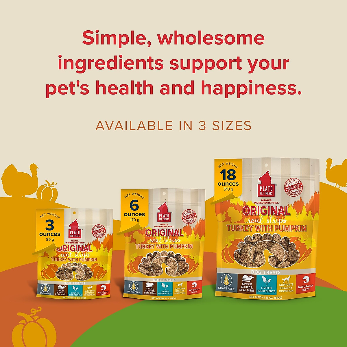 PLATO Turkey Real Strips Natural Dog Treats - Real Meat - Air Dried - Made in the USA - Turkey & Pumpkin, 3 ounces