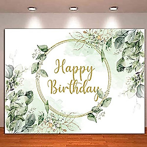 Greenery Succulent and Eucalyptus Leaves Photography Backdrop Bloom Eucalyptus Leaves Photo Background for Happy Birthday Party Decoration Cake Table Banner Supplies 7x5ft