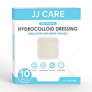 JJ CARE Hydrocolloid Dressing 4x4 [Pack 10], 0.8MM Thick Large Hydrocolloid Bandages with Border, Self-Adhesive Thin Hydrocolloid Wound Dressing, Wound Care Bandages for Bedsores and Blisters