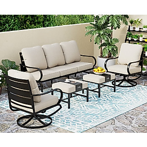 PHI VILLA 5 PCS Patio Furniture Sets with 1 x 3 Seater 5.75" Cushioned Deep Seating Bench, 2 x Swivel Sofa Chairs & 2 x Metal Cushioned Ottoman, Outdoor Furniture Deluxe Patio Set for Garden