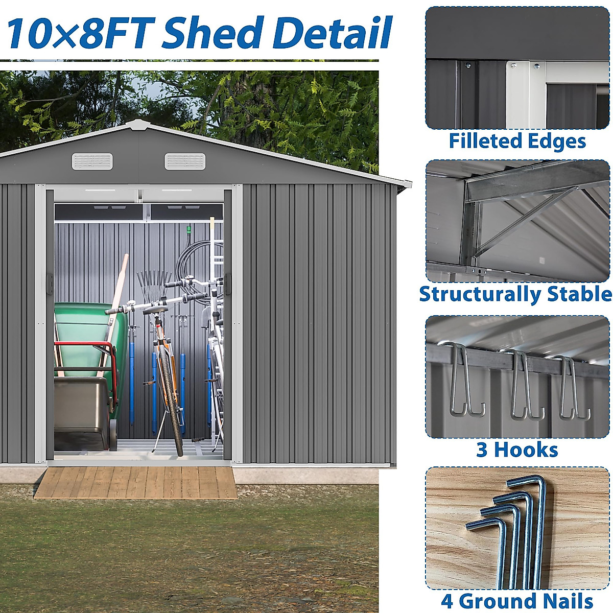 10X8 FT Outdoor Storage Shed, All Weather Metal Sheds with Metal Foundation & Lockable Doors, Tool Shed for Garden, Patio, Backyard, Lawn, Grey
