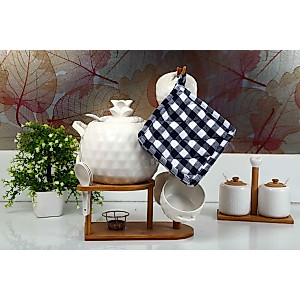 Heat Resistant Pot Holders 100% Cotton Everyday Quality Kitchen Cooking Dual-Function Hot Pad/Pot Holder- Square- Size 7" x 7" - Buffalo Plaid Pattern (Black/White) - { Pack of 5 }