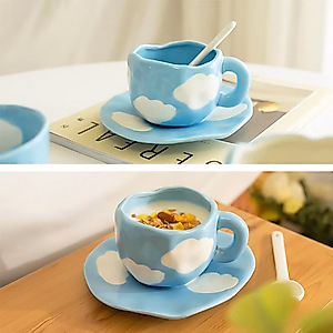 Noviko Cloud Cup with Saucer Blue Coffee Mug Latte Cup Cute Teacup and Saucer, Dishwasher and Microwave Safe, 10 oz