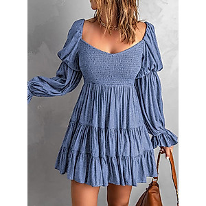 Dokotoo Women Cute Summer Spring 2025 Sexy Off The Shoulder Square V Neck Long Sleeve Babydoll Mini Short Dress Ruffle Smocked Easter A-Line Short Birthday Dresses for Women Casual 2024 Blue Small
