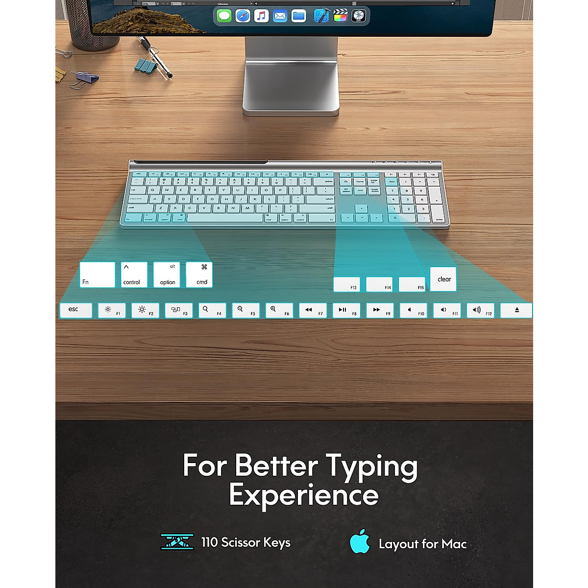 CHESONA Wireless Bluetooth Keyboard, Bluetooth/Wired Dual-Mode Keyboard for MacBook Air/Pro/iMac, Ultra-Slim Rechargeable, Silent Full-Size Keyboard for MacOS/iPadOS/iPhone OS,Silver White