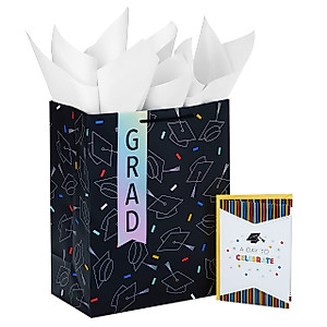 Hallmark 13" Large Graduation Gift Bag with Greeting Card and Tissue Paper (Black, Red, Blue, Holographic) for High School, College, Law School, Nursing, Kindergarten