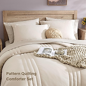 Monbix Queen Comforter Set - 7 Pieces Apricot Beige Bed in a Bag Queen Bedding Sets with Comforters, All Seasons Down Alternative Comforter Bed Set with Sheets,Pillowcases & Shams