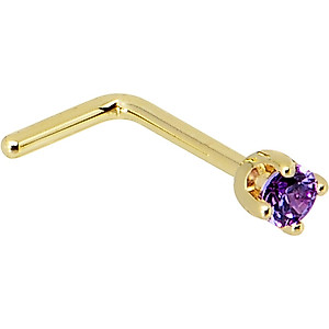 Body Candy Solid 14k Yellow Gold 2mm Purple Cubic Zirconia L Shaped Nose Stud Ring 20 Gauge 1/4"