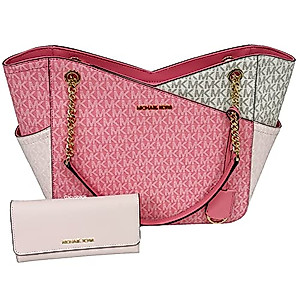 Michael Kors Jet Set Travel Large Chain Shoulder Tote Tea Rose Pink MK Signature Bundled Jet Set Travel Large Trifold Wallet Powder Blush Pink Saffiano