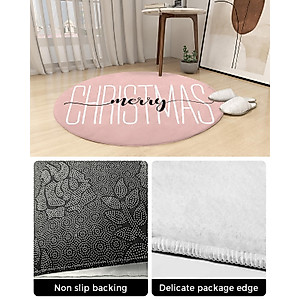 Merry Christmas Fluffy Round Area Rug Carpets 4ft, Plush Shaggy Carpet Soft Circular Rugs, Non-Slip Fuzzy Accent Floor Mat for Living Room Bedroom Nursery Home Decor Blush Pink Xmas Holiday