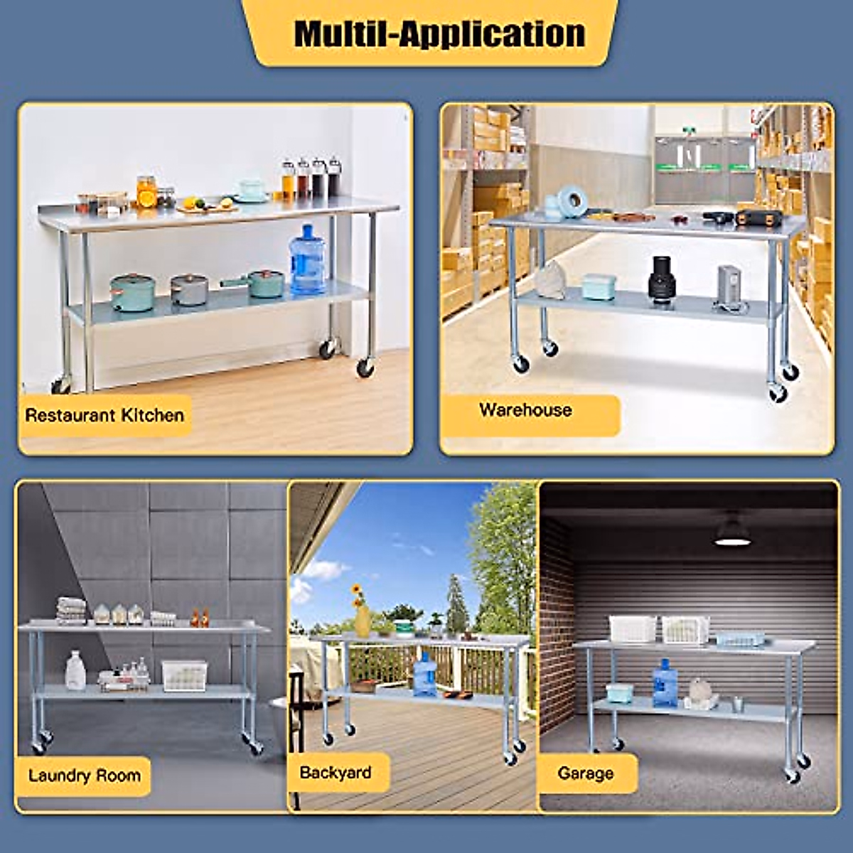 EASE-WAY Stainless Steel Metal Table NSF for Commercial Kitchen Prep Table, 24 x 36 Inches Worktable with Backsplash, Adjustable Under Shelf and Caster Wheel for Industrial Restaurant, Home and Garage