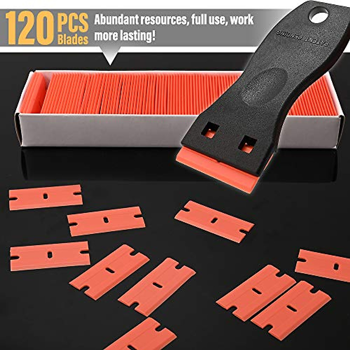 Sticker Scraper Tool Set include 120 Pcs 1.5 Inch Plastic Scraper Blades + 2 Pcs Plastic Razor Blade Scraper for Auto Vinyl Wrap Window Tint Glass Cleaning Adhesive Glue Paint Remove Plastic Scraper