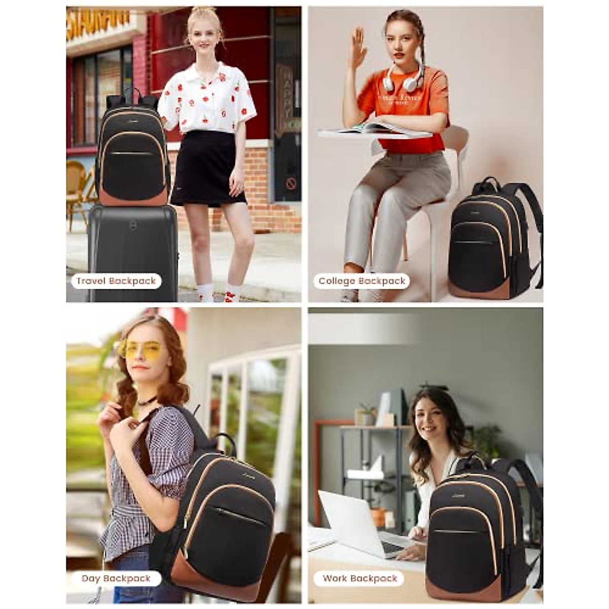 LOVEVOOK Laptop Backpack for Women & Men, 15.6 Inch Anti Theft Travel Backpack with USB Port, Stylish Casual Daypack for College, Large Capacity Teacher Nurse Work Backpack Purse, Black & Brown