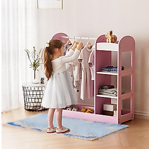 67i Kids Dress up Storage with Mirror Kids Play Armoire Open Hanging Armoire Closet Storage Closet Dresser Pretend Costume Dresser Organizer Center for Little Girls Bedroom (Pink)