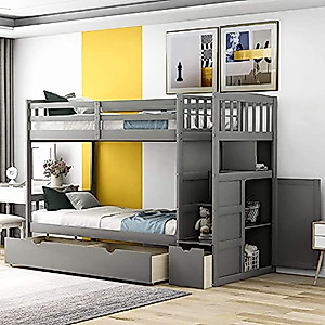 STP-Y Convertible Bunk Bed, Wood Bunk Bed with Storage Shelves and Drawers, Convertible Bottom Bed, Twin Over Twin/Twin Over Full, Grey