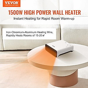 VEVOR Electric Wall Heater 1500W, Small Space Heaters with Knob Adjustment, Tip-Over & Overheat & IPX24 Waterproof Safety Protection, Wall-Mount/Tabletop for Indoor Use, Fixed Screws Included, White