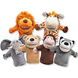 JOYIN 6Pcs Kids Hand Puppet Set with Working Mouth, Toddler Animal Plush Toy Includes Elephant, Giraffe, Lion, Bear, Raccoon and Monkey for Show Theater, Birthday Gifts
