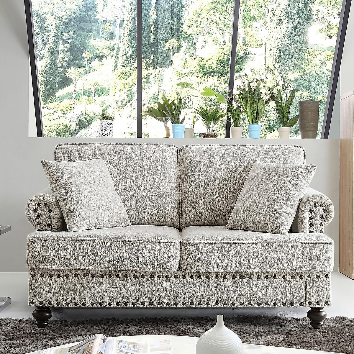 JEEOHEY 57" W Comfy Love Seat Sofa Couch,Chenille Fabric 2 Seater Sofa,Mid Century Modern Sofa,Deep Seat Sofa with Rolled Arms & Nailhead Trim for Living Room,Office,Apartment,Small Place(White)