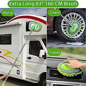 WillingHeart 63" Car Wash Mop Brush Tool Mitt with Long Handle Length More Suitable for Washing American Cars Truck, SUV, RV, Trailer, 2 in 1 Chenille Microfiber Duster Not Hurt Paint Scratch Free