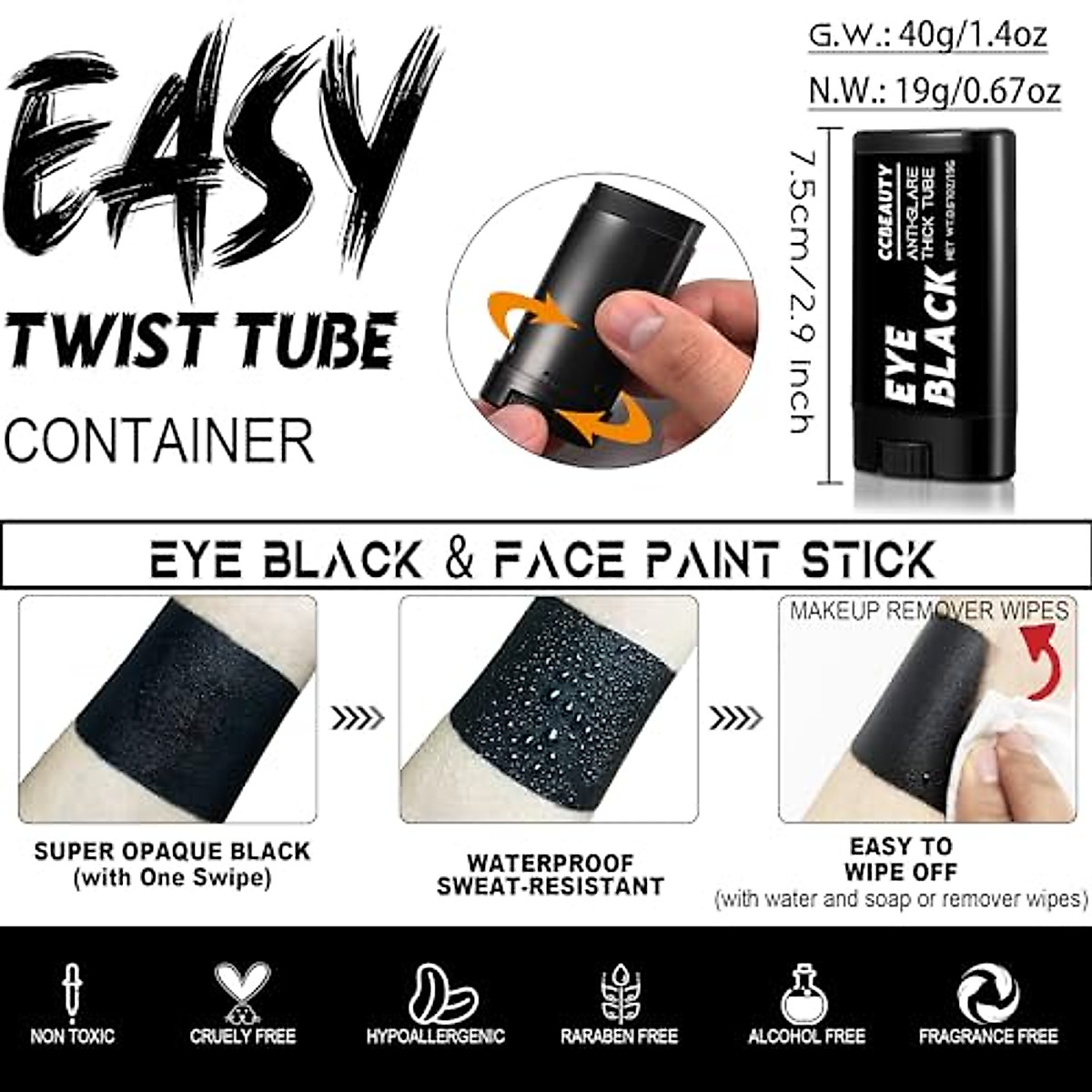CCBeauty Eye Black, Sweatproof Eyeblack Stick For Baseball Football Softball Lacrosse, Black Face Paint Sports Grease Stick For Pro Performance, Game Day Cheer Playoffs Accessories for Players & Fans