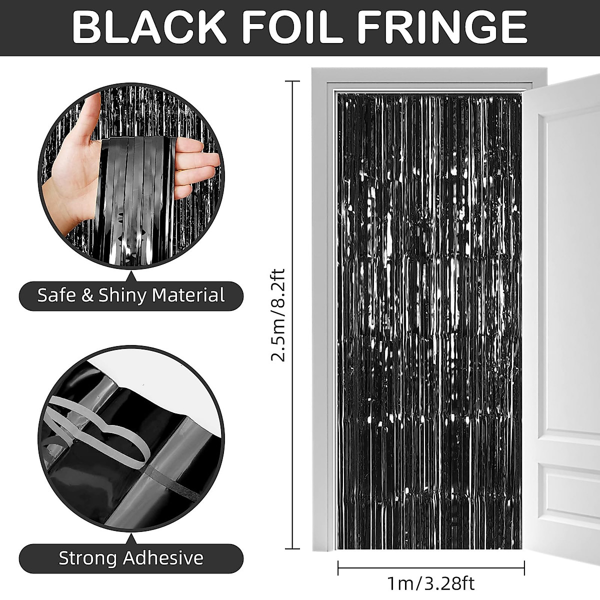Black Fringe Curtain Party Streamers, 12 Pack 3.3ft x 8.2ft Foil Curtain Backdrop Tinsel Foil Fringe Curtains Photo Booth Backdrop Streamer for Birthday, Wedding, Baby Shower, Disco Party