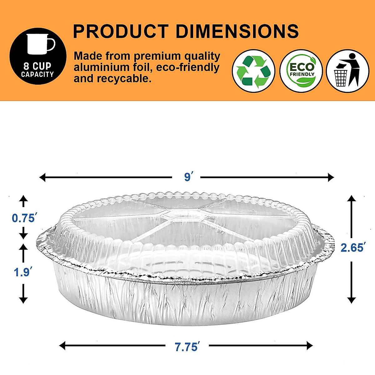 KmaxShip 9" Round Aluminum Foil Pans with Clear Lids, Disposable Food Containers with Plastic Coners for Storing, Baking, Meal Prep & Reheating, Freezer & Oven Safe, Recyclable, 50 Pack of Tins