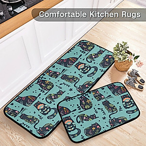 Kigai Cats and Colorful Flowers Kitchen Rugs and Mats Set of 2, Anti Fatigue Comfort Mat for Kitchen Floor, Non Skid and Washable Kitchen Rug, 27"x20"+47"x20"