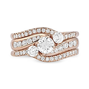 DZON IGI Certified 10K Rose Gold 1 1/4CT TDW Round Cut Diamond Bypass Engagement Ring Set for Women (I-J, I2) (6.5)