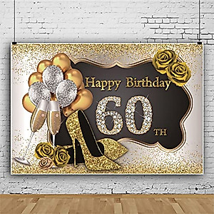 DORCEV 7x5ft Photography Backdrop for Woman Happy 60th Birthday Party Decor Luxury Gold Black Backdrop Banner Glitters Heels Roses Balloons Photo Background Mother Grandma Birthday Party Props