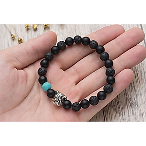 Karseer Black Matte Onyx and Lava Energy Stone Mala Beaded Stretch Bracelet with Bulldog Mascot Charm and Birthstone Embellishment, Handmade Friendship Jewelry Gift Unisex 7", Antique Silver