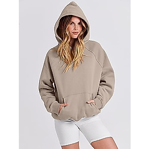Caracilia Women Solid Basic Loose Hoodie Top Fleece Long Sleeve Pullover Oversized Hooded Sweatshirts with Pocket 2023 Fall Winter Clothes Cute Warm Baggy Sweaters Cozy Outfits 1025shenxing-L Khaki