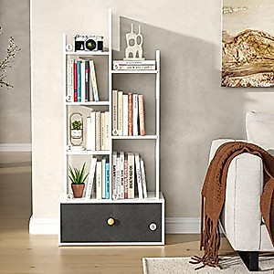 Unikito Bookshelf with Drawer Free Standing Bookcase, Office Storage Shelf Organizer with 7 Open Book Shelves, Industrial Wood Book Case Display Rack for Bedroom, Living Room, Home Office, White